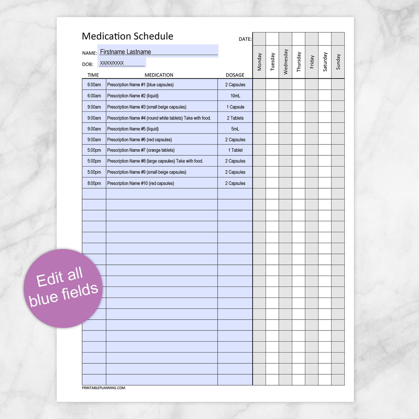 Printable Medication Schedule, for Large Prescription Medicine Lists ...