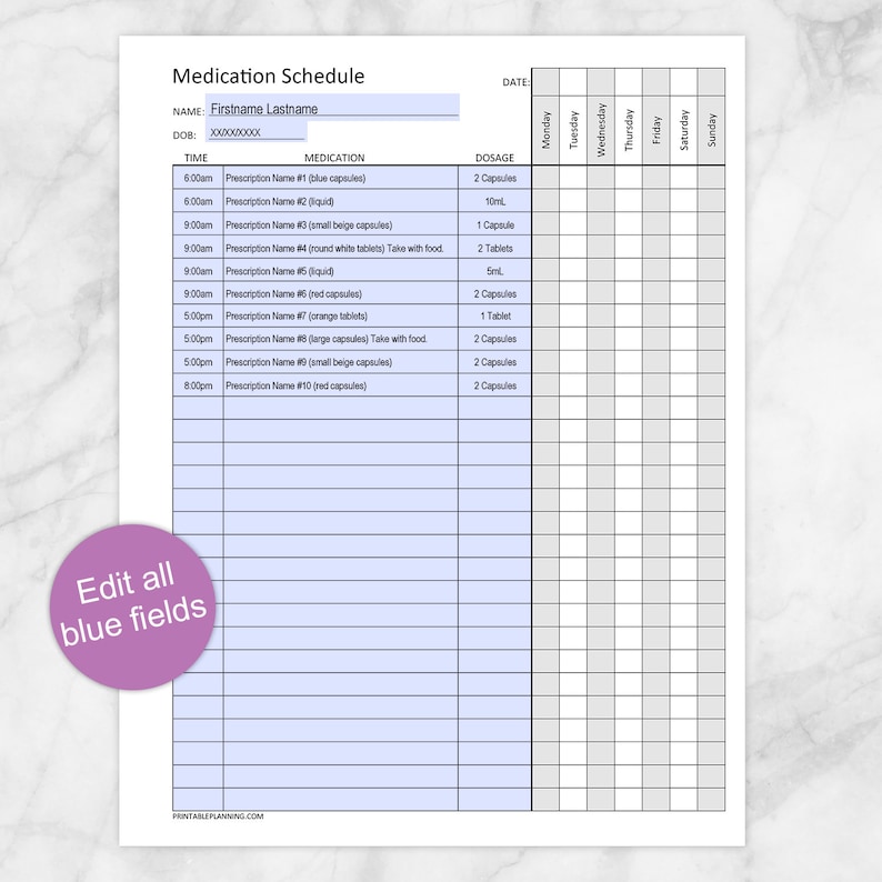Printable Medication Schedule, for Large Prescription Medicine Lists ...