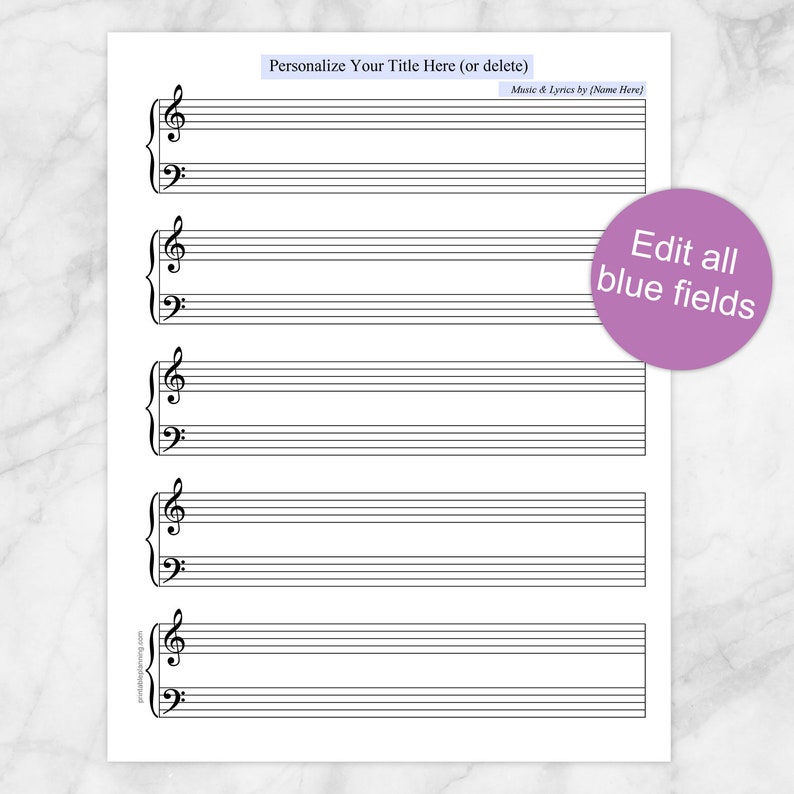 Printable Personalized Sheet Music, BLANK Piano and Vocals, Personalize ...