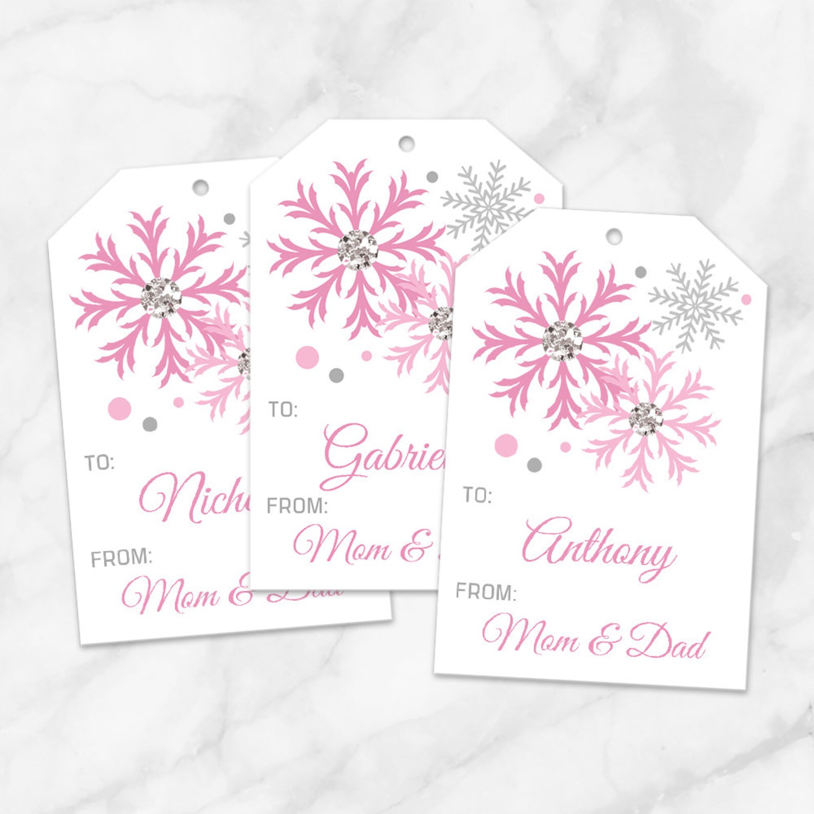 Printable Snowflake Gift Tags in Pink, Personalize the Names, Editable ...