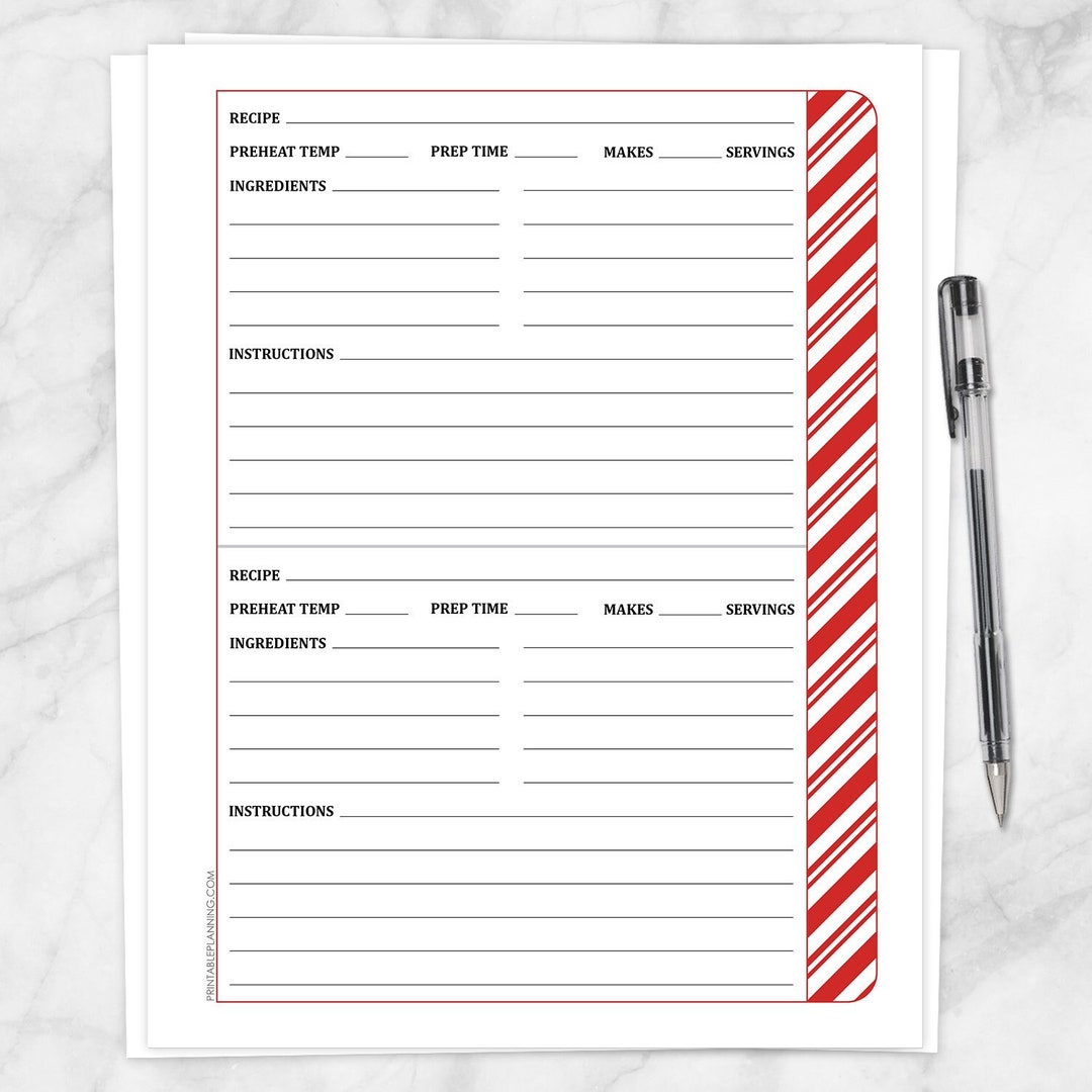 Printable Holiday Recipe Pages, Candy Cane Stripe Red White Christmas ...