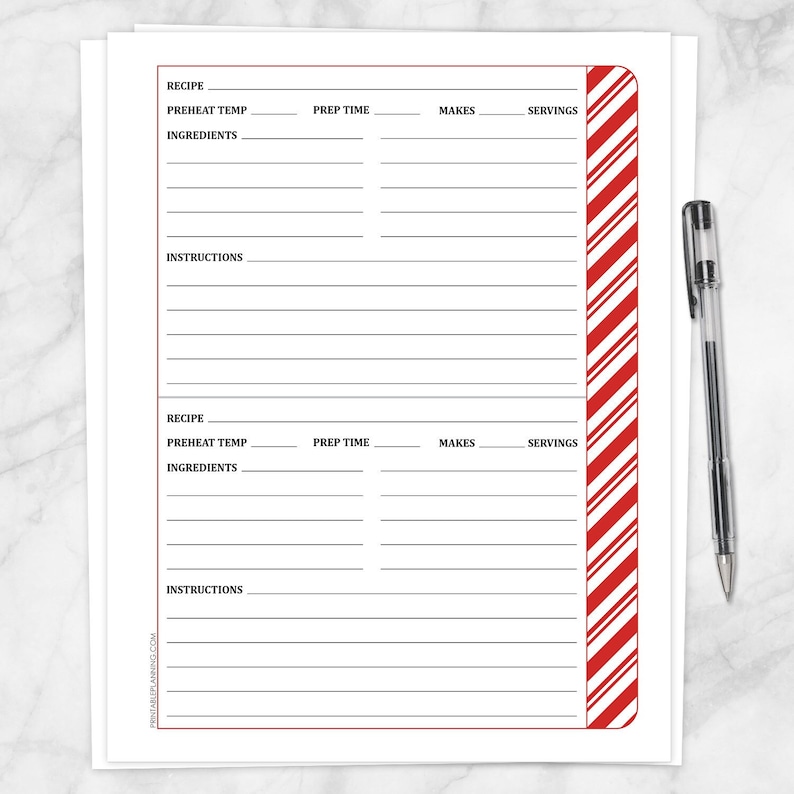 Printable Holiday Recipe Pages, Candy Cane Stripe Red White Christmas ...