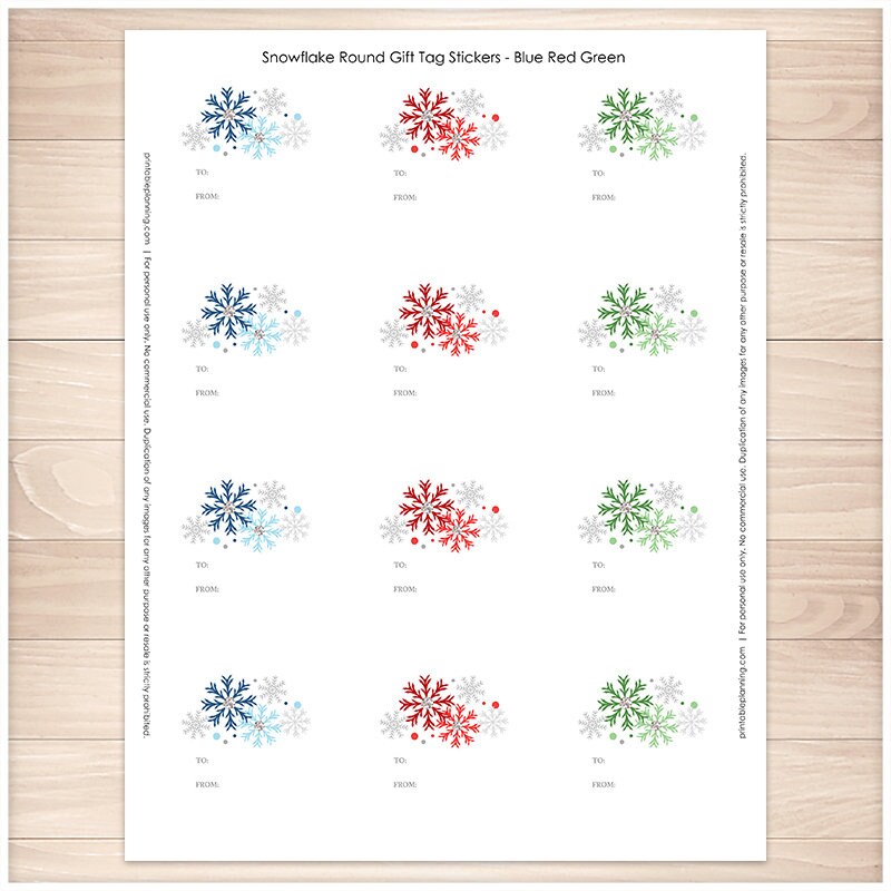 Printable Snowflake Gift Tag Stickers 3 colors Blue Red | Etsy