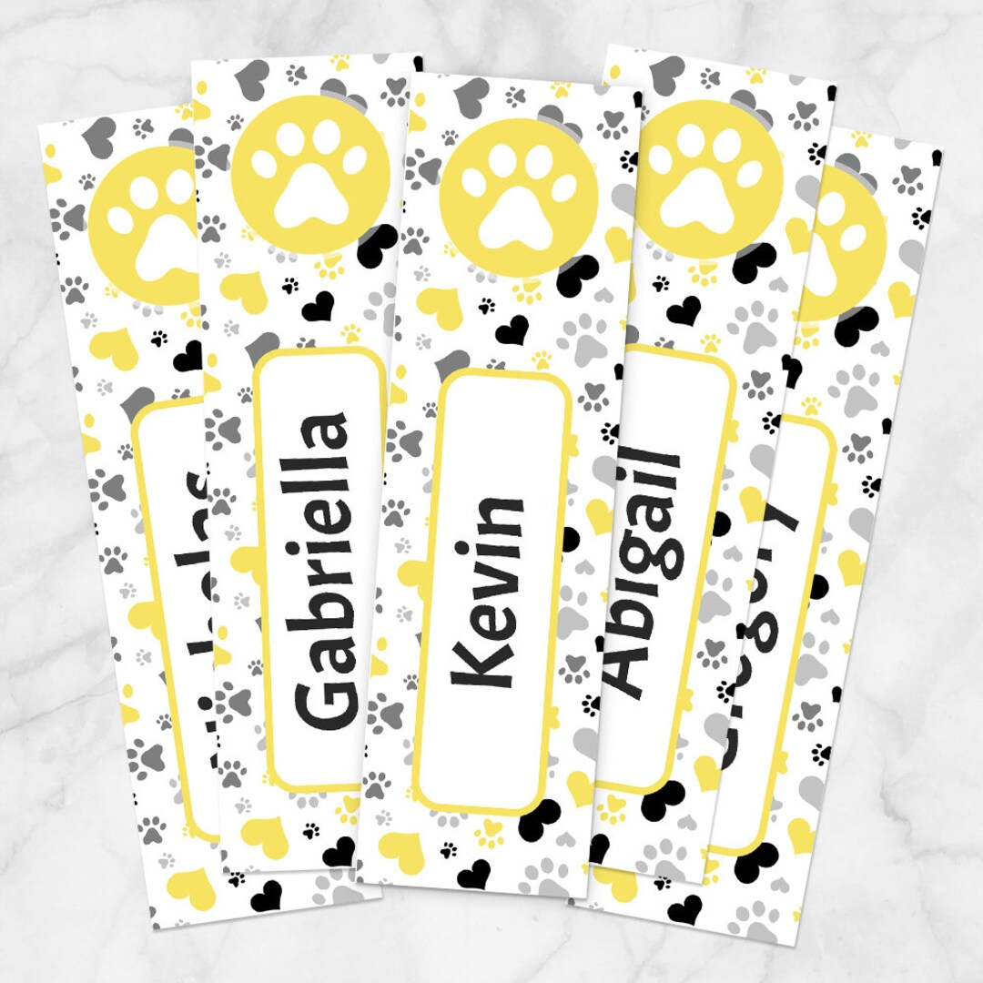 Printable Personalized Paw Print Bookmarks, Yellow Black Hearts, School ...