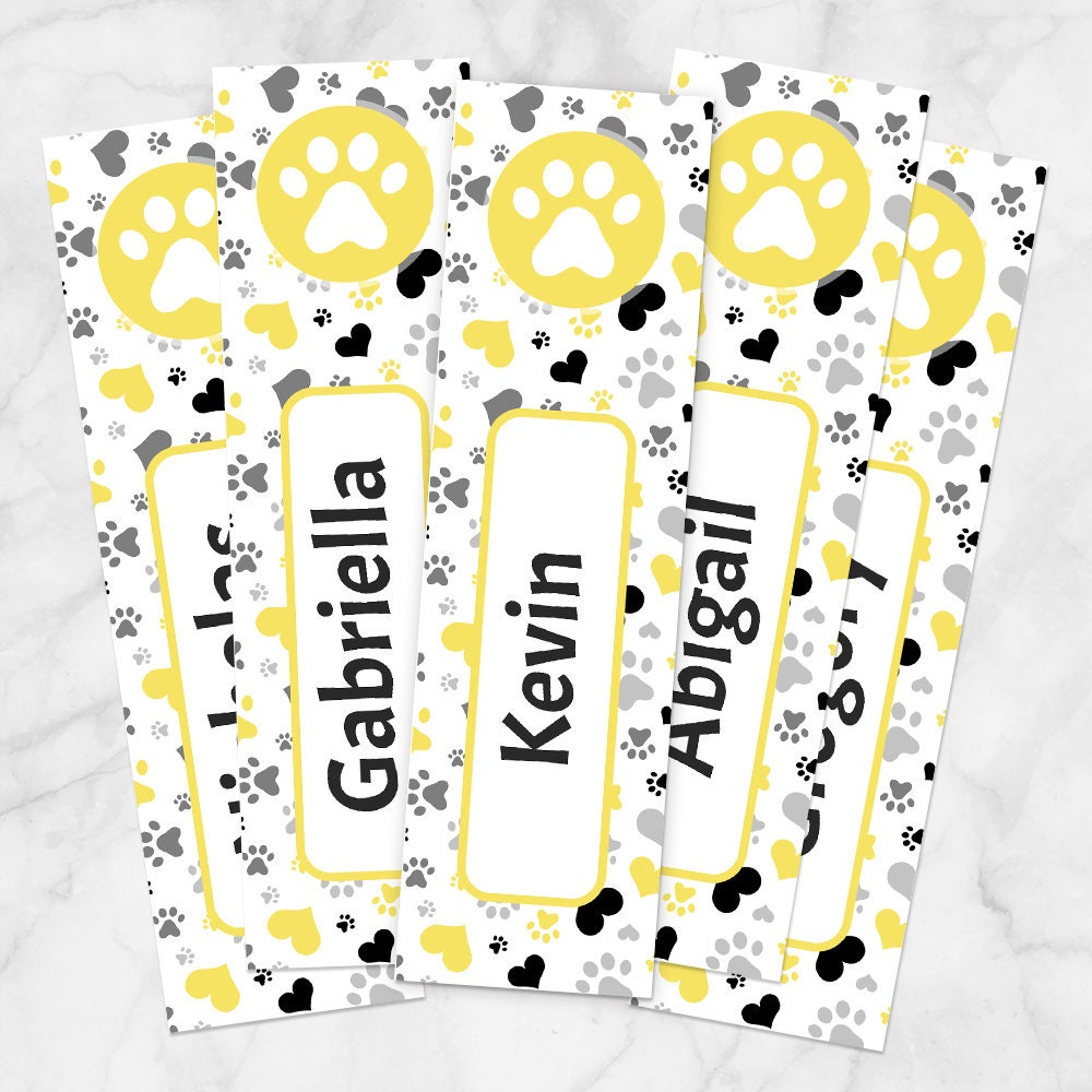 Printable Personalized Paw Print Bookmarks, Yellow Black Hearts, School ...