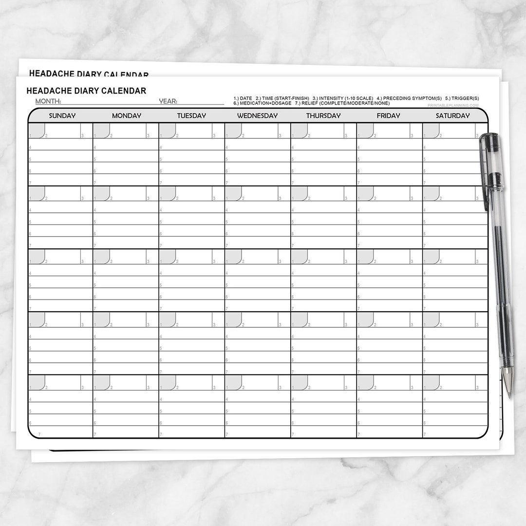 Printable Headache Diary Calendar, Monthly Daily Pain Log Tracking Page ...
