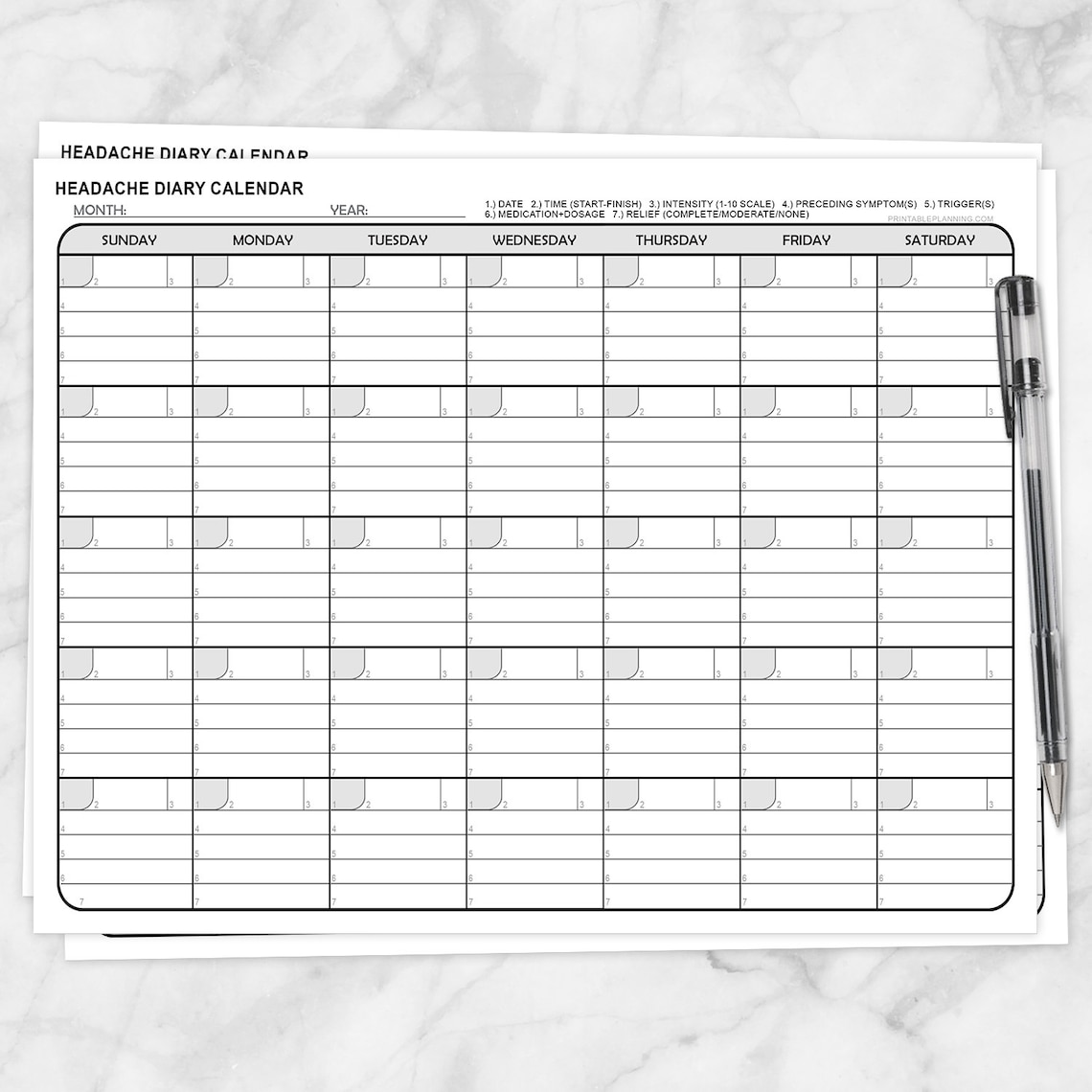 Printable Headache Diary Calendar, Monthly Daily Pain Log Tracking Page ...