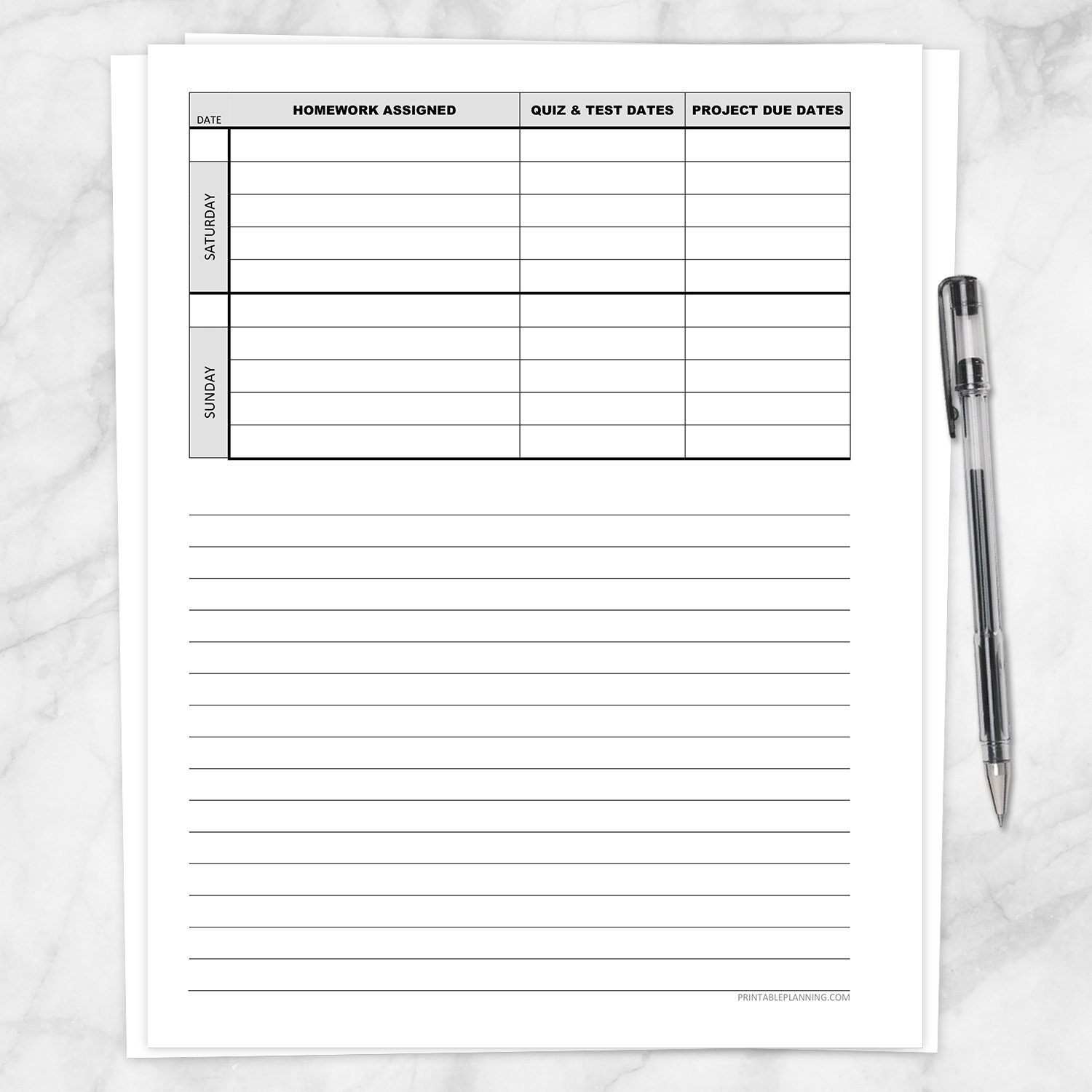 Printable Weekly School Assignments Sheet - Homework Assigned, Test and ...