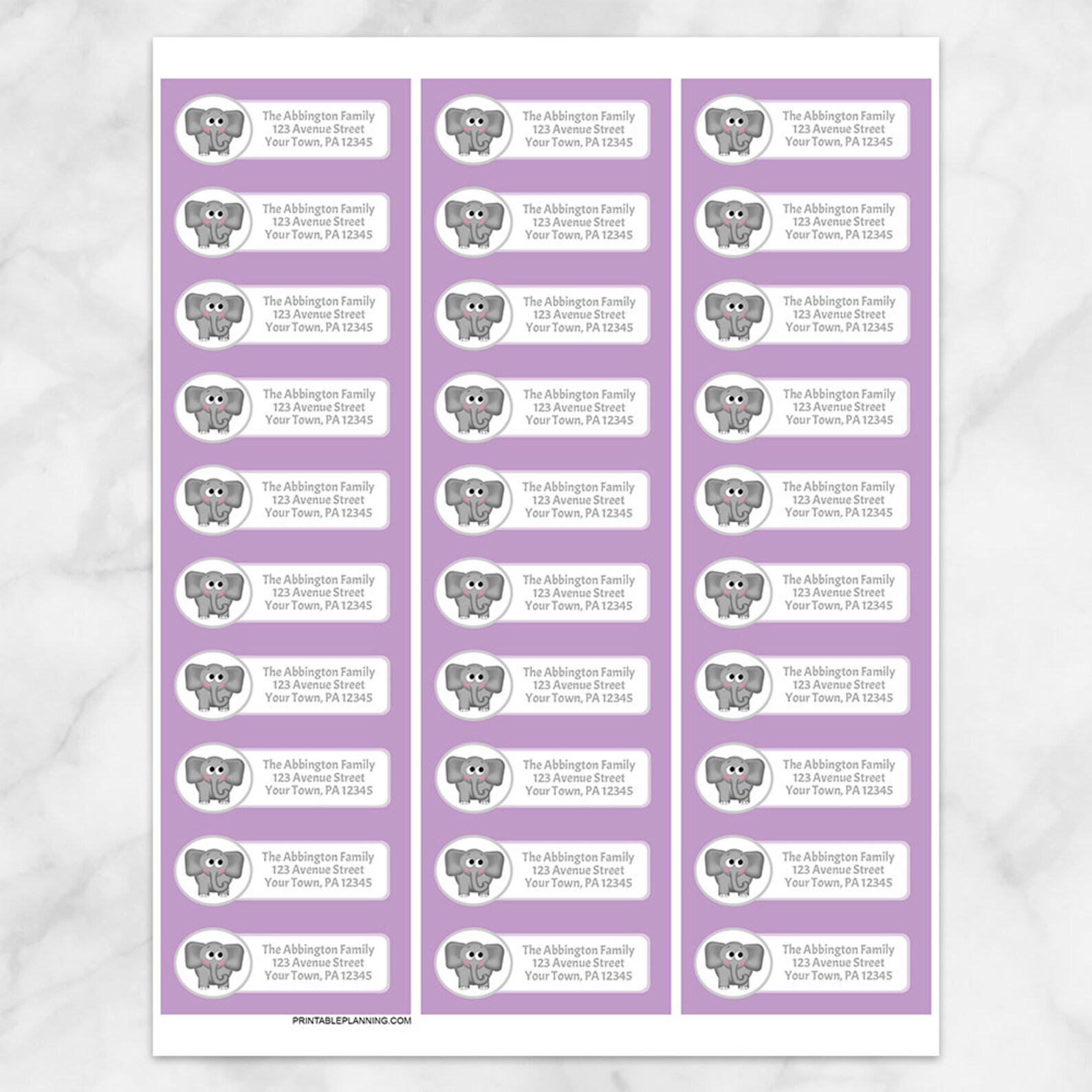 Printable Elephant Address Labels, Purple - Cute Elephant Personalized ...