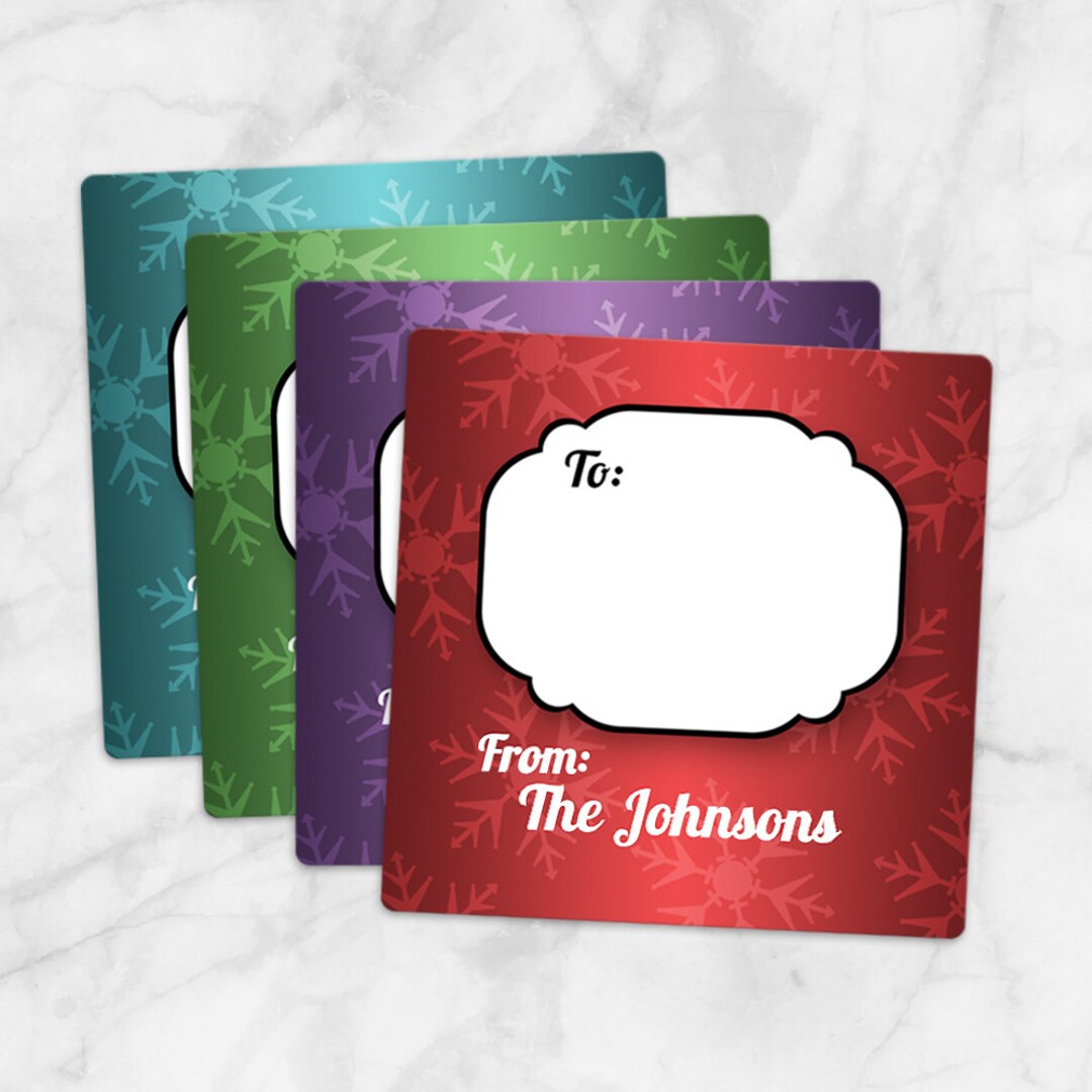 Printable Personalized Gift Tag Stickers, Snowflakes on Red Purple ...