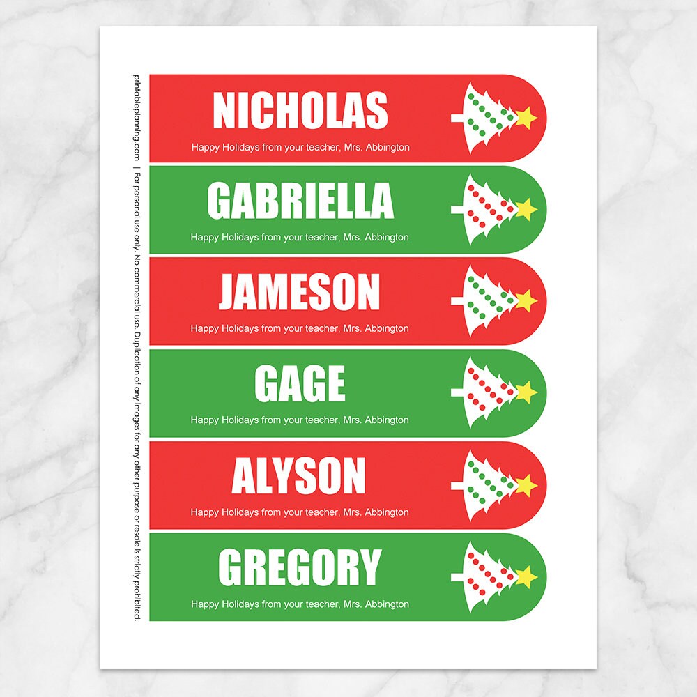 Printable Personalized Christmas Bookmarks, Holiday Tree Red Green ...