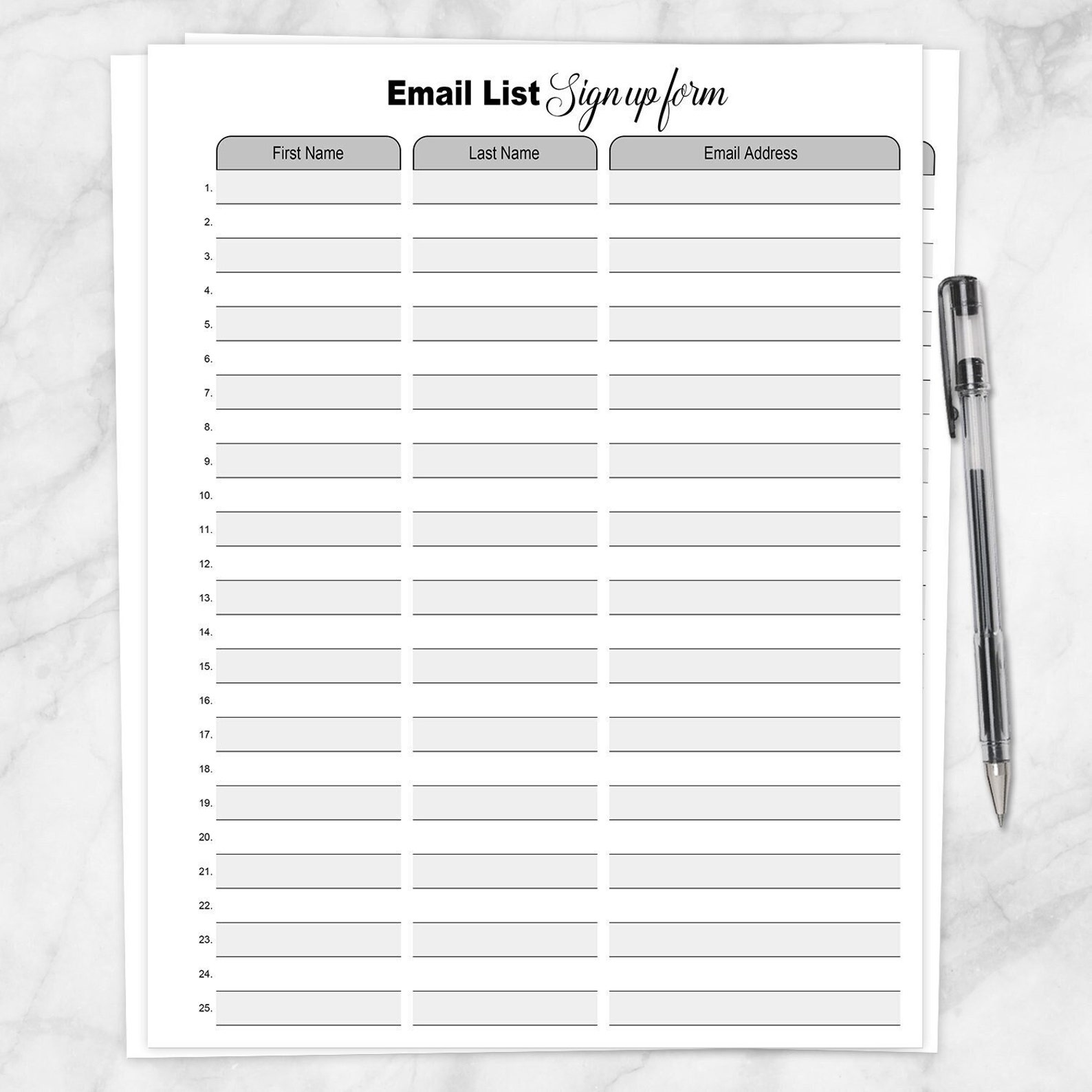 Printable Email List Sign up Form, Universal Form to Collect Email Addresses - PDF Instant ...