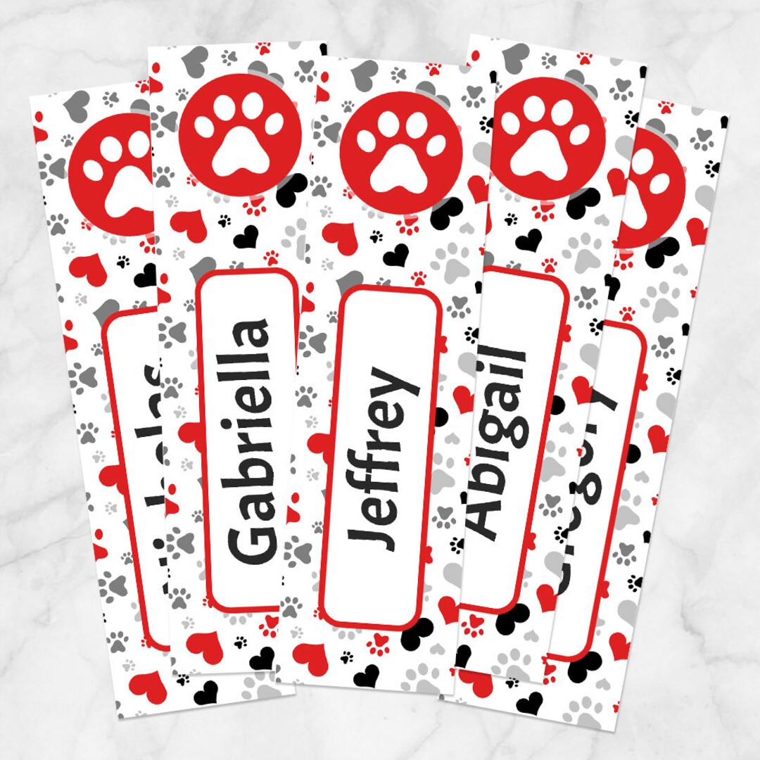 Printable Personalized Paw Print Bookmarks, Red Black Hearts, School ...