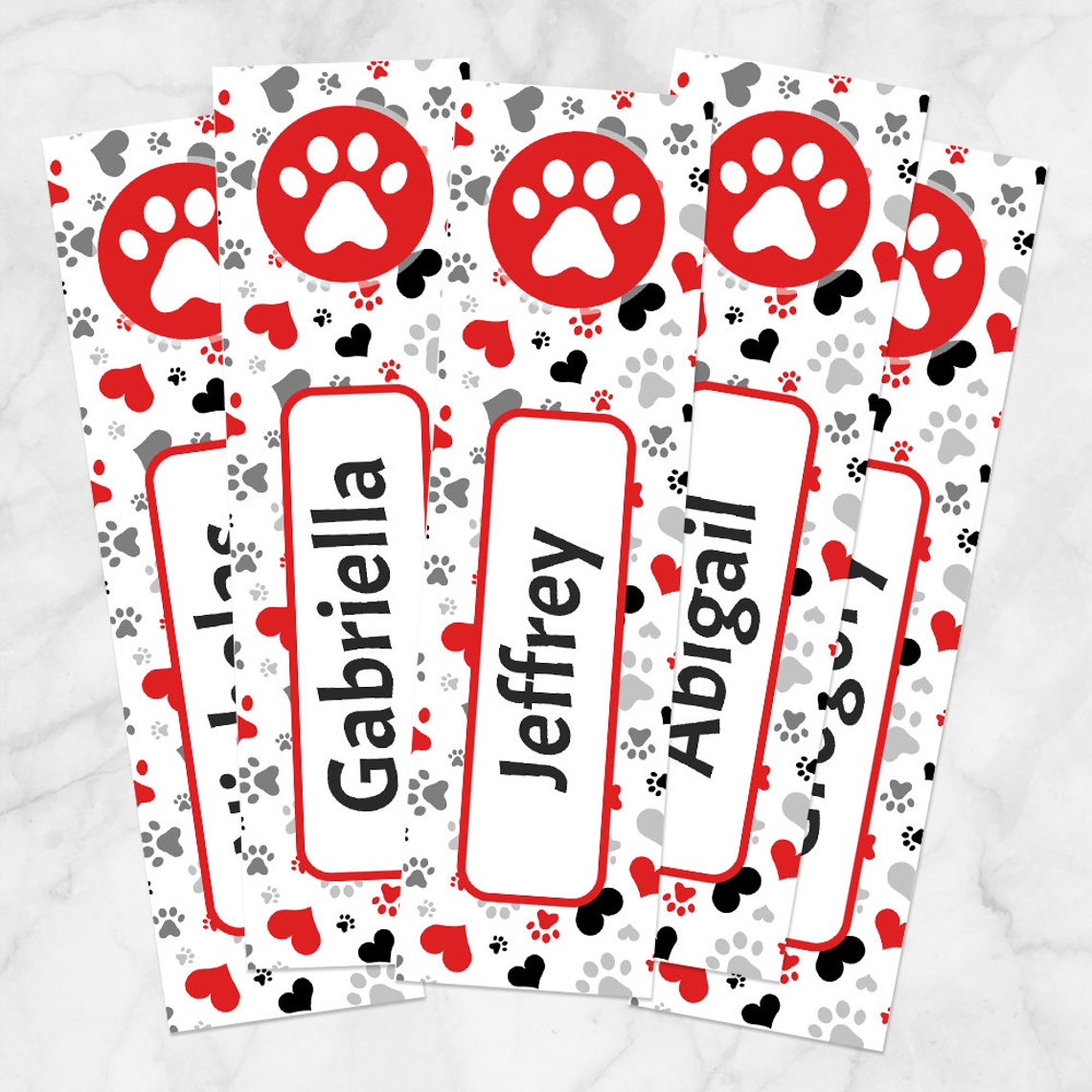 Printable Personalized Paw Print Bookmarks, Red Black Hearts, School ...