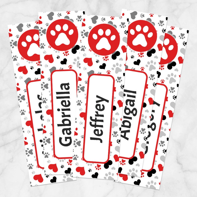 Printable Personalized Paw Print Bookmarks, Red Black Hearts, School ...