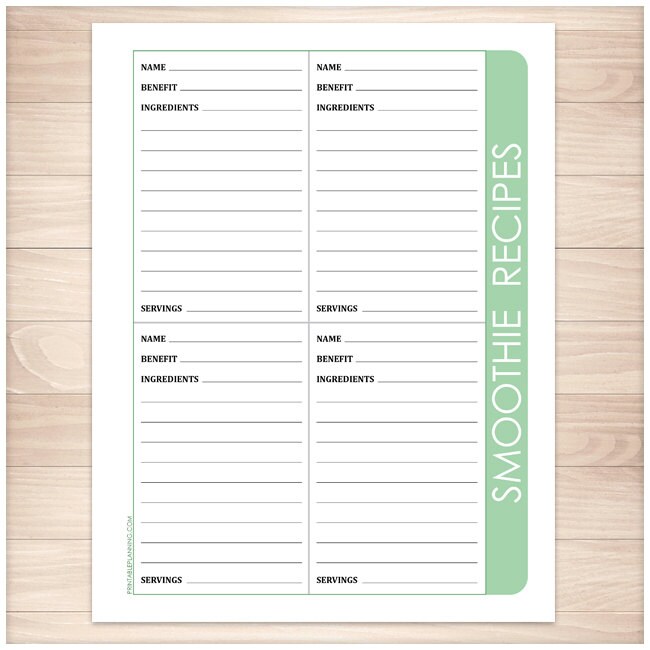 Printable Smoothie Recipe Pages 4 Recipes per Page Green | Etsy