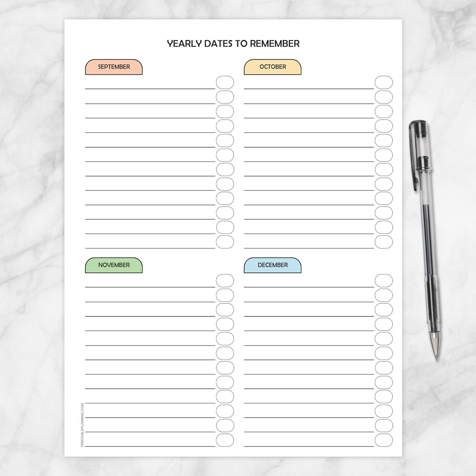 Printable Yearly Dates to Remember Pages, Modern Rainbow Color Design ...