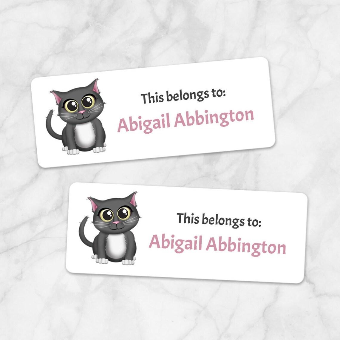 Printable Cat Name Labels for School Supplies - Gray Pink, Personalized ...