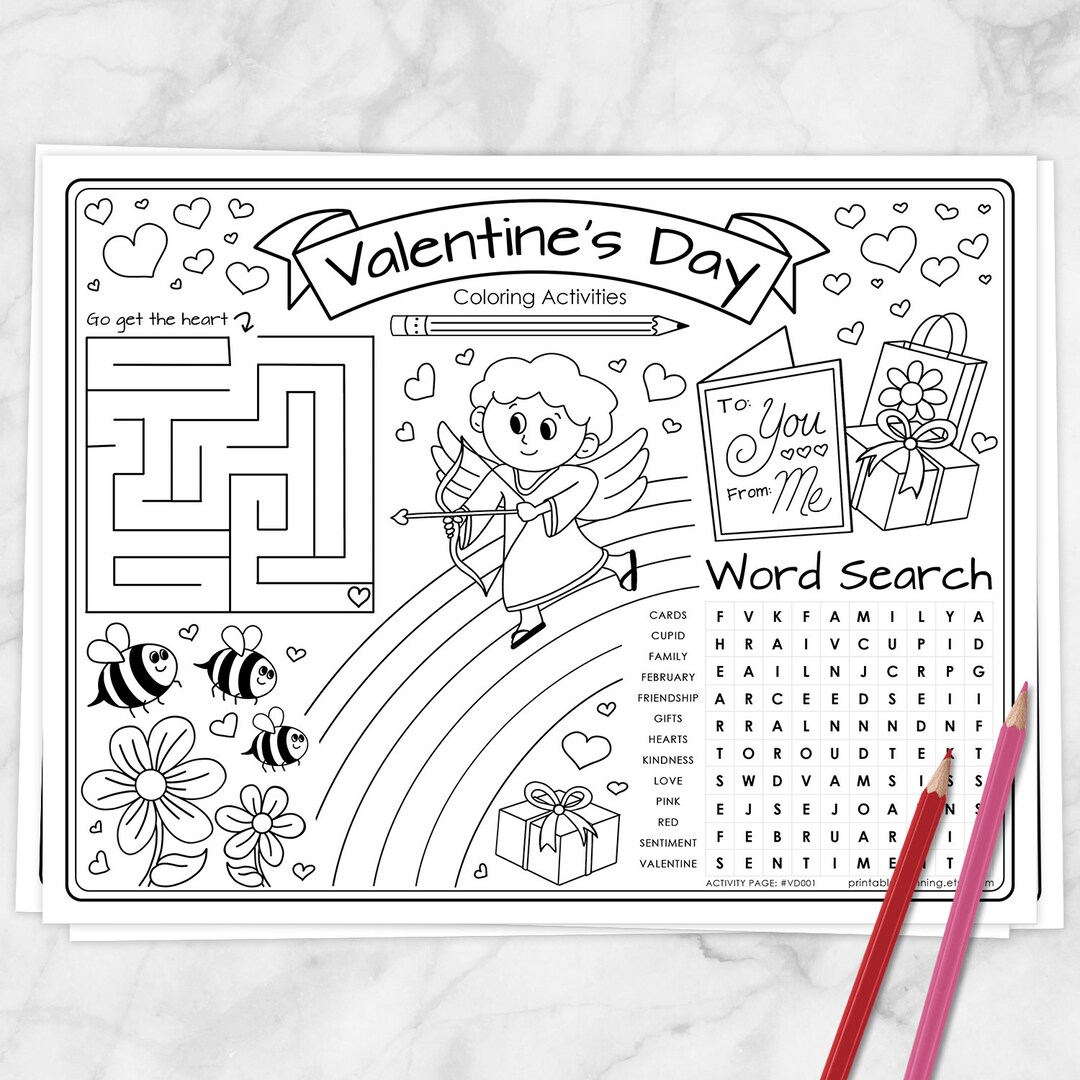 Valentine's Day Coloring Activity Sheet, Love Cupid Hearts Bees Flowers ...