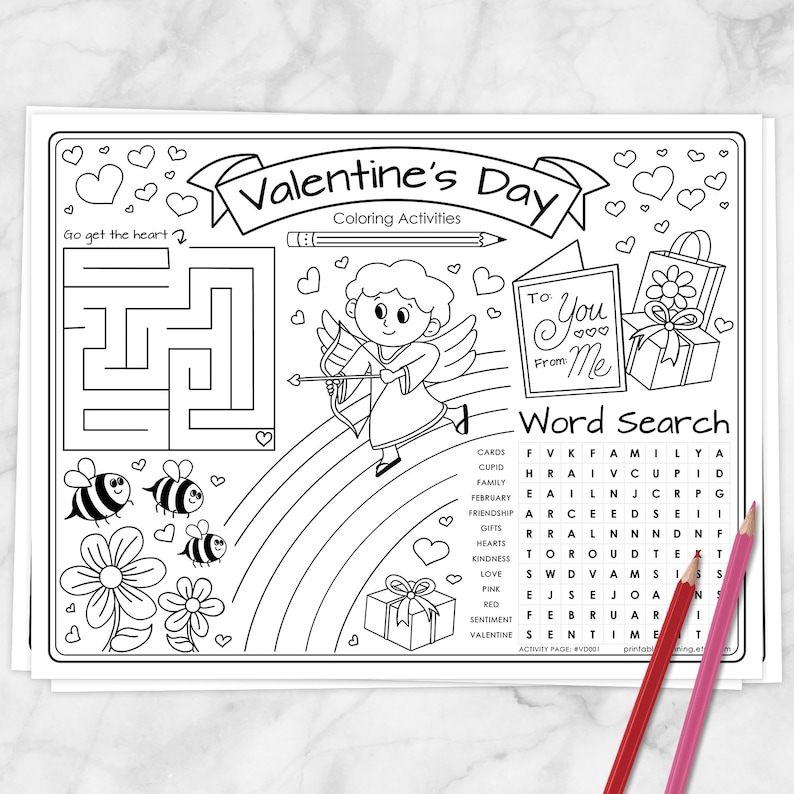 Valentine's Day Coloring Activity Sheet, Love Cupid Hearts Bees Flowers ...