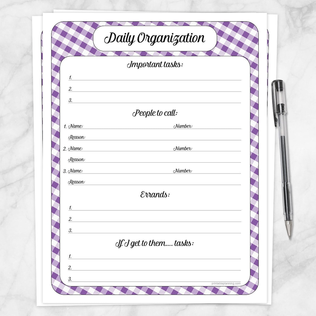 Purple Printable Daily Task Sheet, Gingham Full Page Daily Organization ...