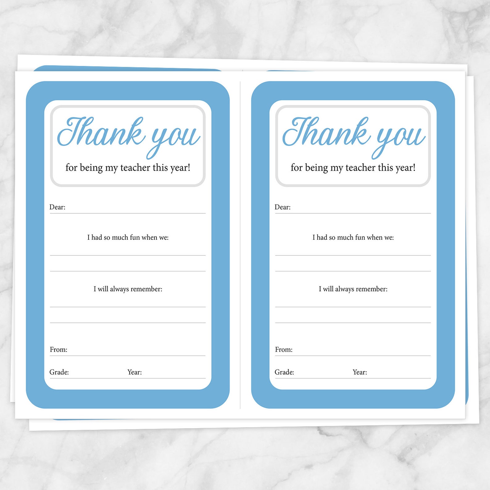 Printable Teacher Thank You Notes, End of School Year Thank You From ...