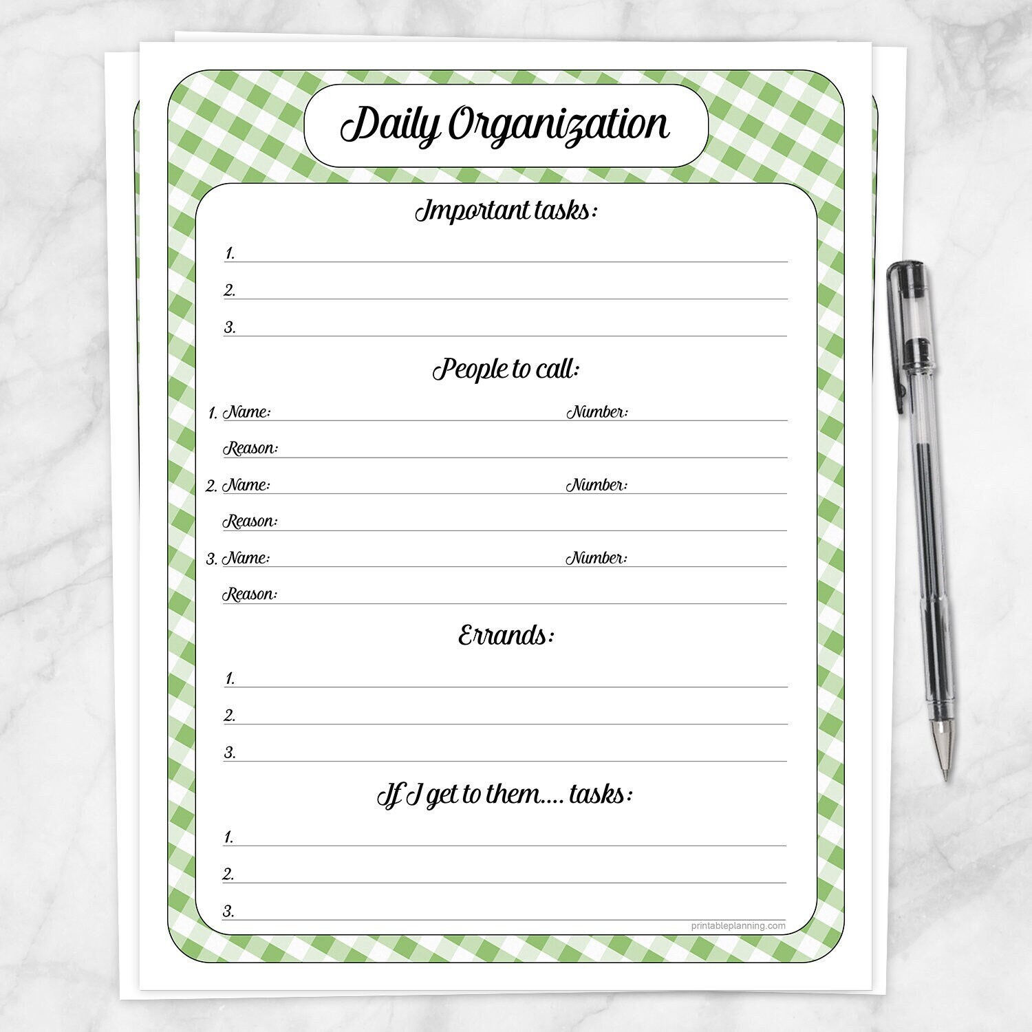 Green Printable Daily Task Sheet, Gingham Full Page Daily Organization ...
