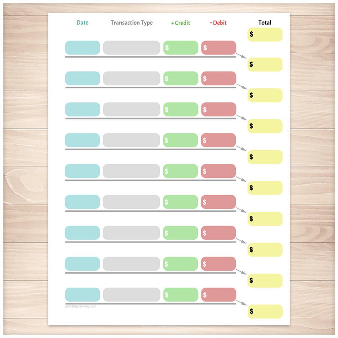 Printable Simple Financial Transaction Register Color Coded | Etsy