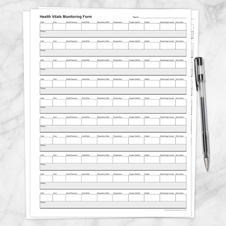 Printable Vitals Monitoring Form, Health Tracking for Unwell or Elderly ...