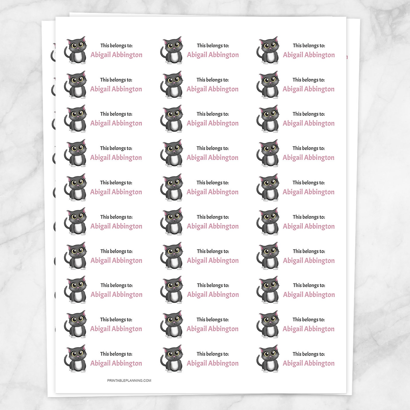 Printable Cat Name Labels for School Supplies - Gray Pink, Personalized ...