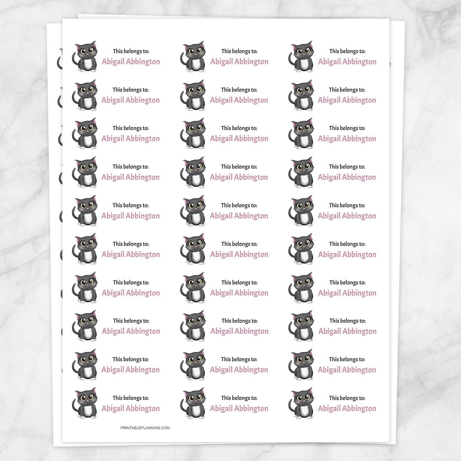 Printable Cat Name Labels for School Supplies - Gray Pink, Personalized ...