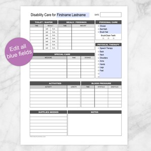 Printable Disability Care, Caregiver Sheet Logging Daily Care of ...
