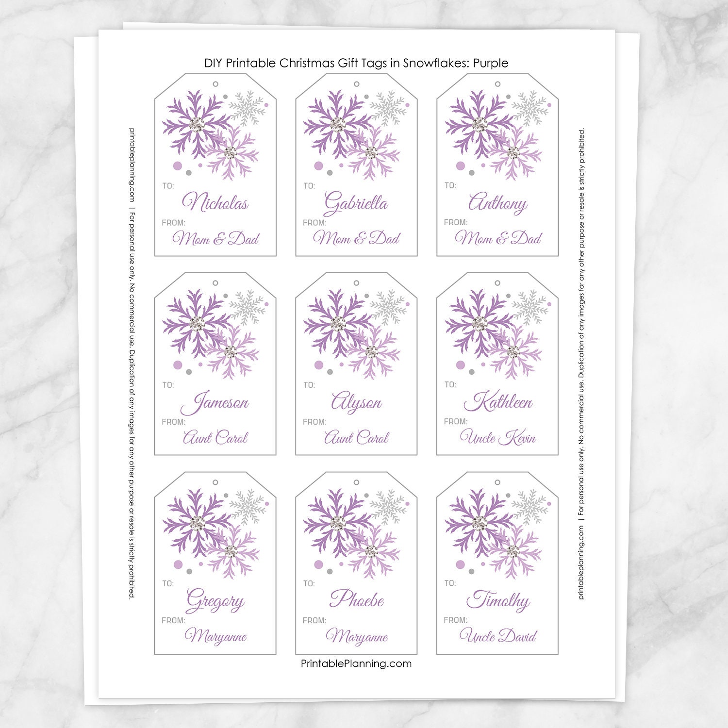 Printable Snowflake Gift Tags in Purple, Personalize the Names ...