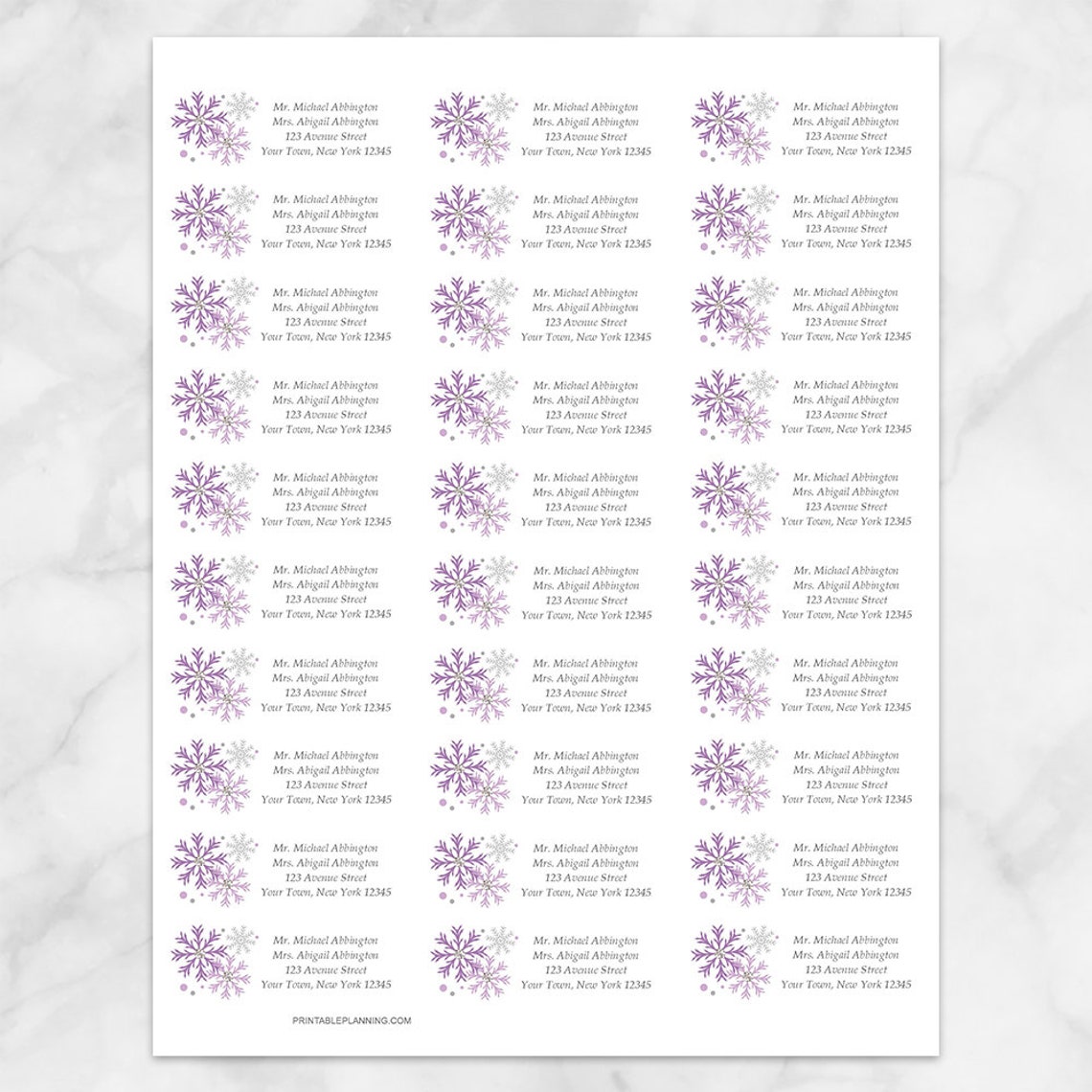 Printable Purple Snowflake Address Labels, Winter Purple Gray ...