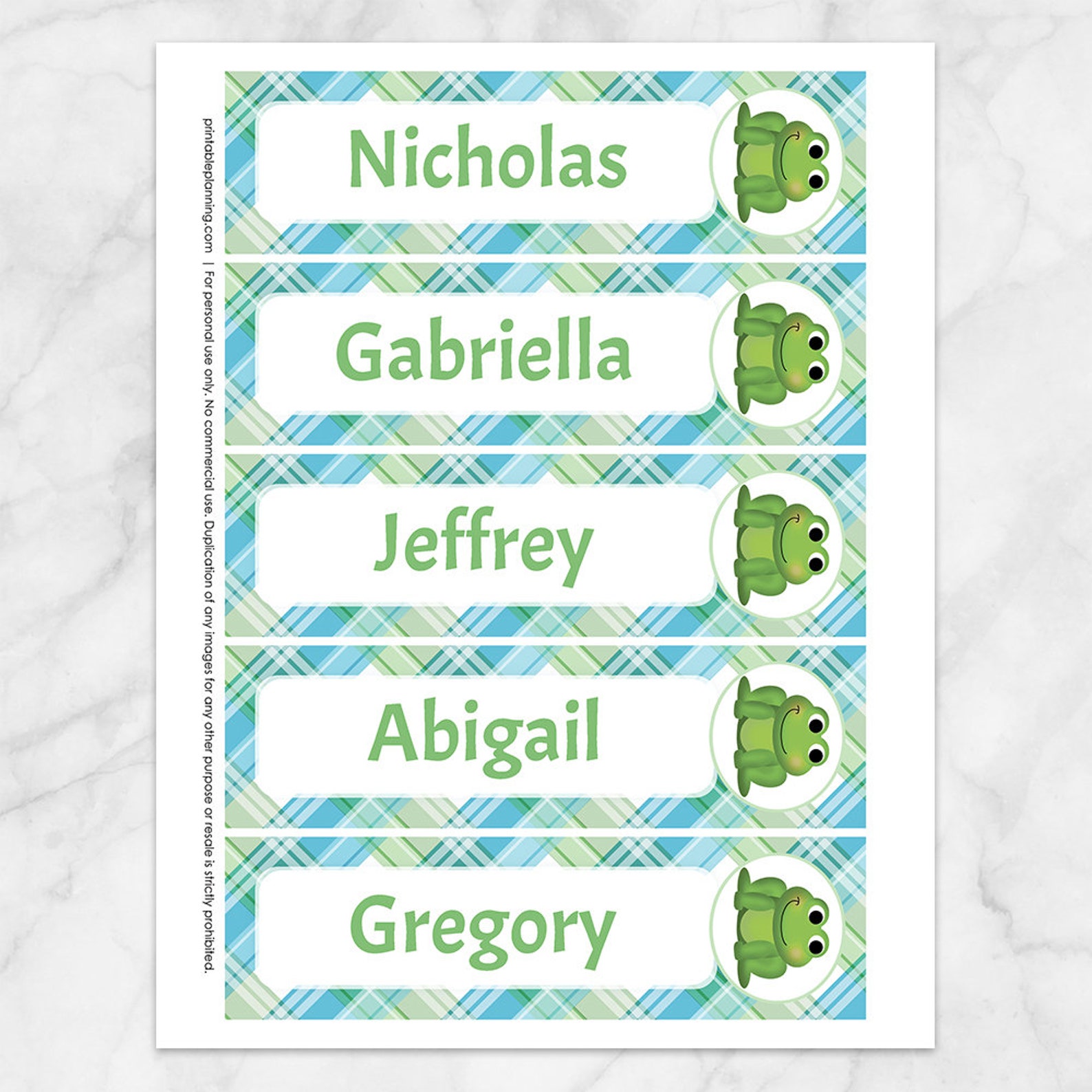 Printable Personalized Frog Bookmarks, Green Blue Plaid Pattern, Cute ...