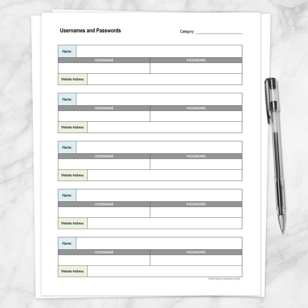 Printable Username Password Sheet, Website Category List Page for Your ...