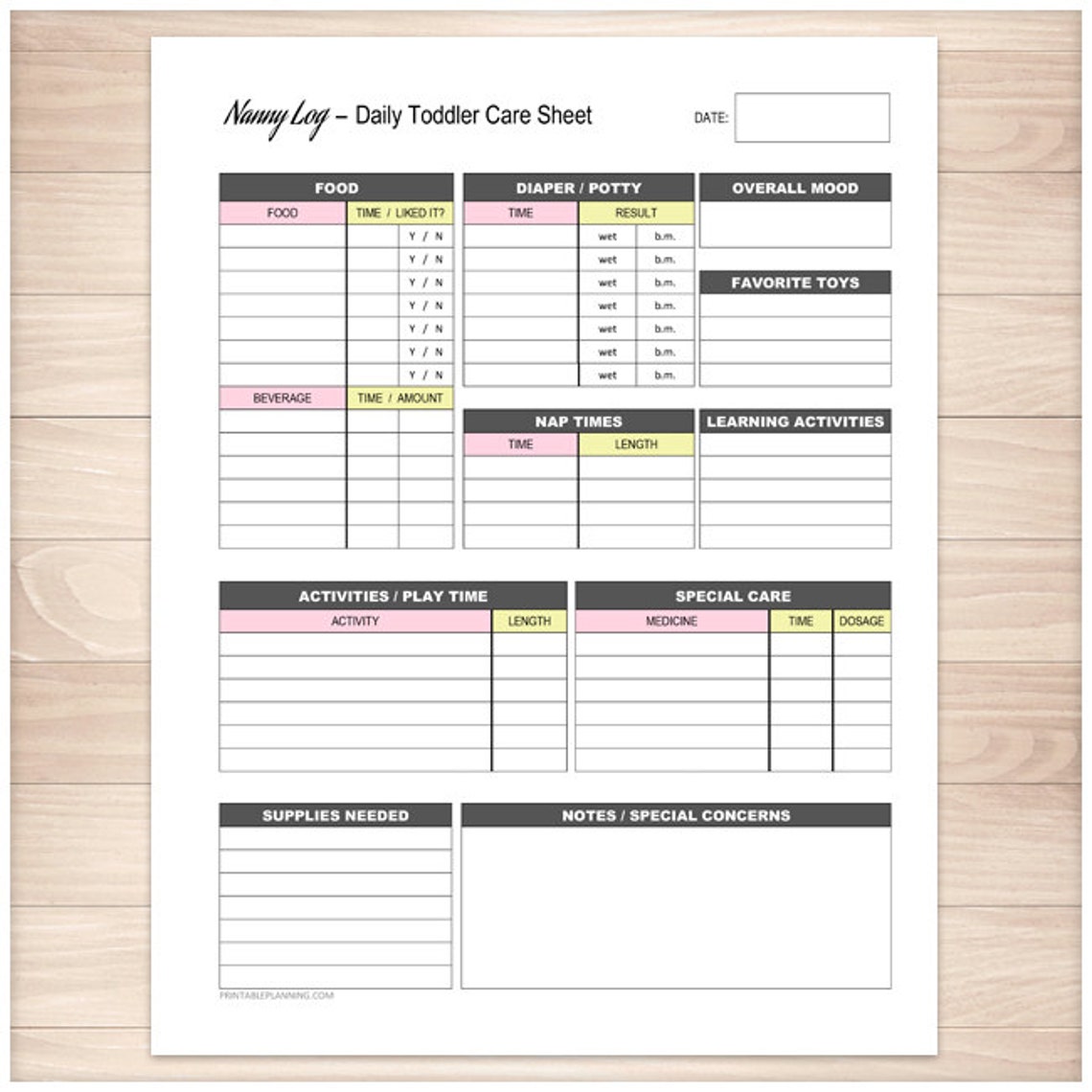 Printable Nanny Log - Daily TODDLER Care Sheet - Babysitter Caregiver ...