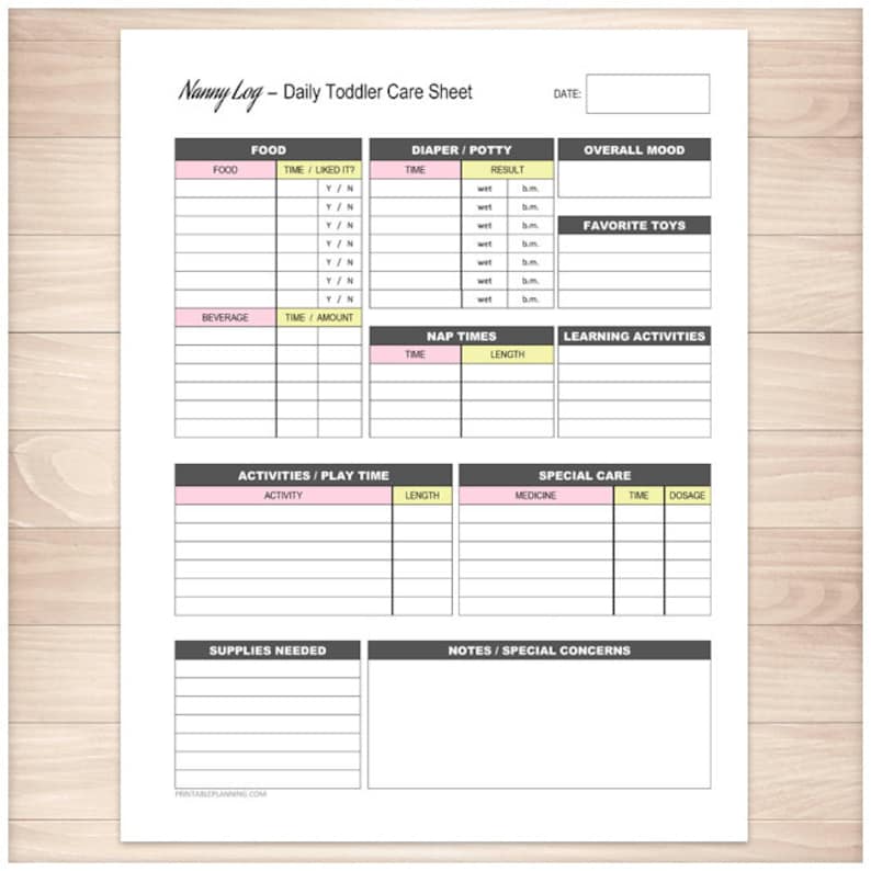 Printable Nanny Log - Daily TODDLER Care Sheet - Babysitter Caregiver ...