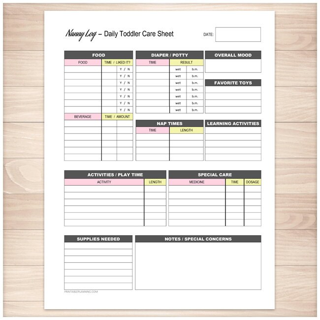 Printable Nanny Log - Daily TODDLER Care Sheet - Babysitter Caregiver ...