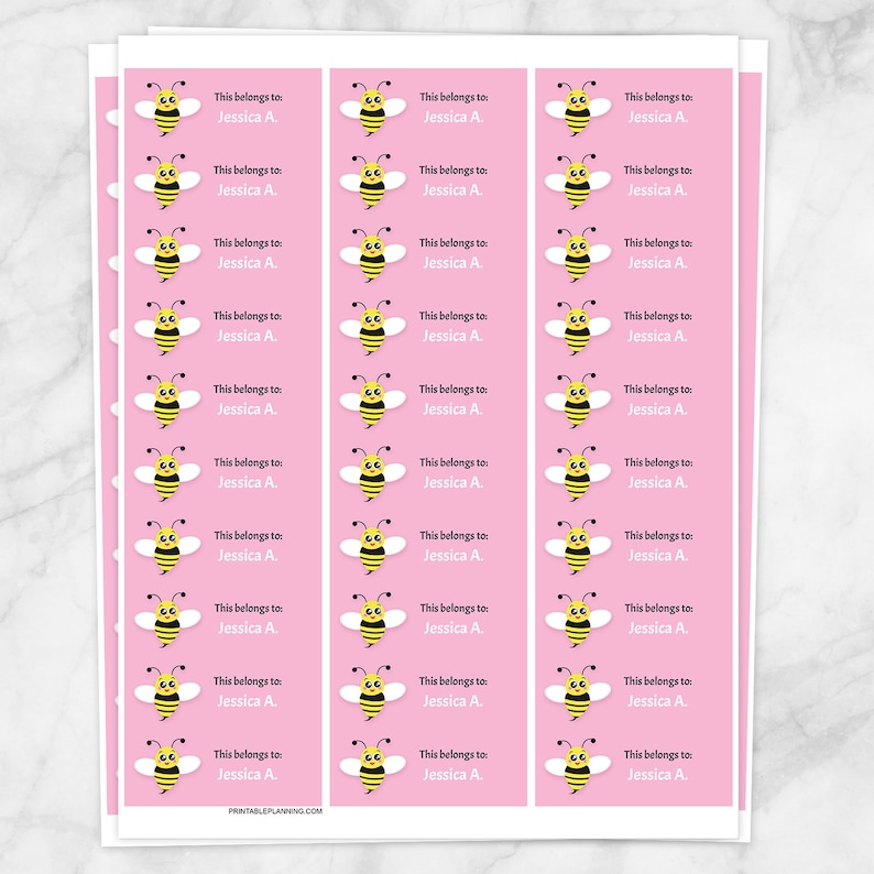 Printable Bee Name Labels for School Supplies - Pink, Personalized 2 5/ ...
