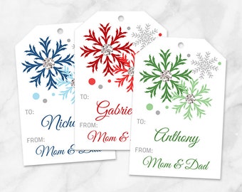 Printable Snowflake Gift Tags in Red Personalize the Names | Etsy