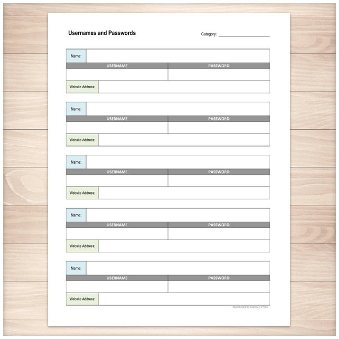 Printable Username Password Sheet Website Category List Page - Etsy