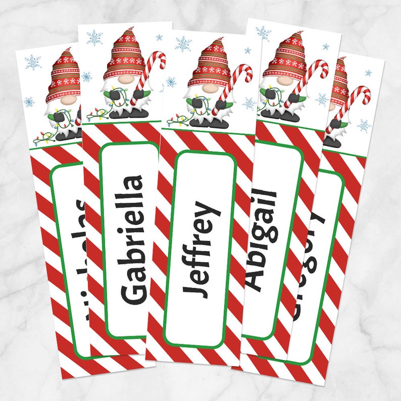 Printable Personalized Gnome Bookmarks, Holiday Candy Cane Christmas ...