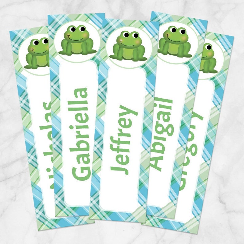 Printable Cute Frog Bookmarks, Personalized, Green Blue Plaid Pattern ...