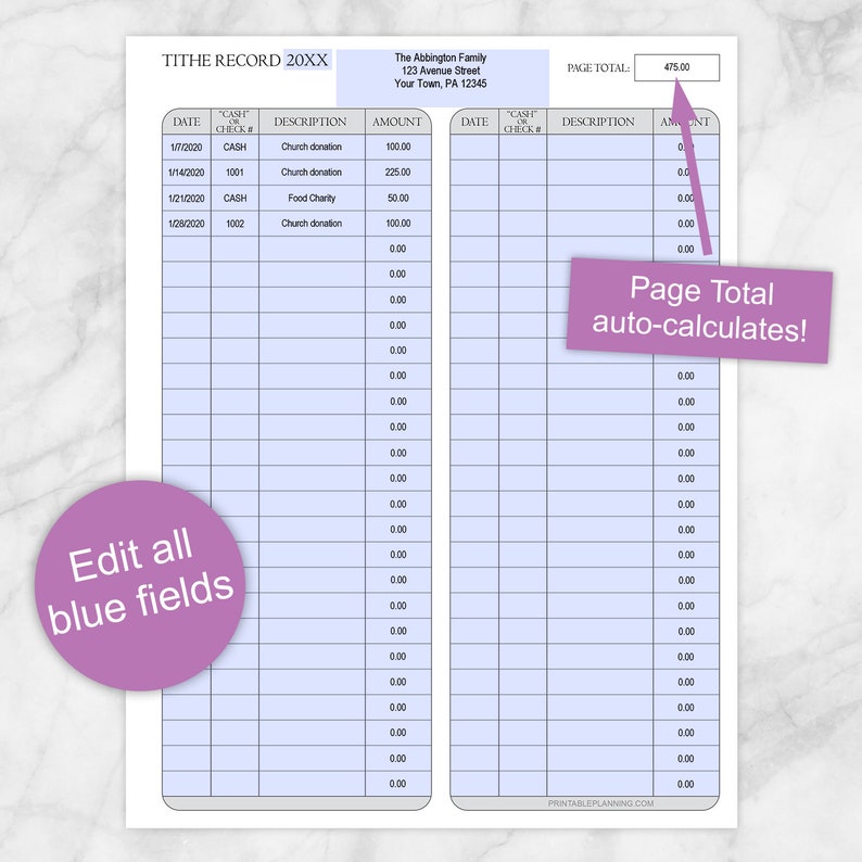 Printable Tithe Record, Auto-calculating Total, 52 Week Page for Giving ...