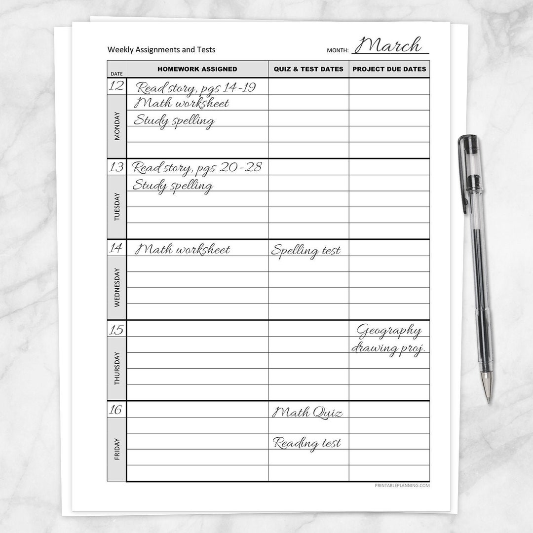 Printable Weekly School Assignments Sheet - Homework Assigned, Test and ...