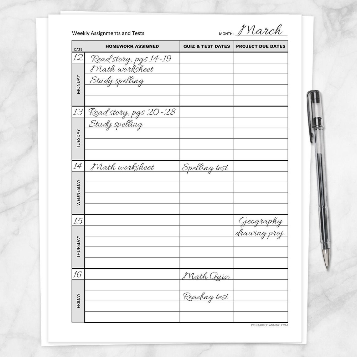 Printable Weekly School Assignments Sheet - Homework Assigned, Test and ...