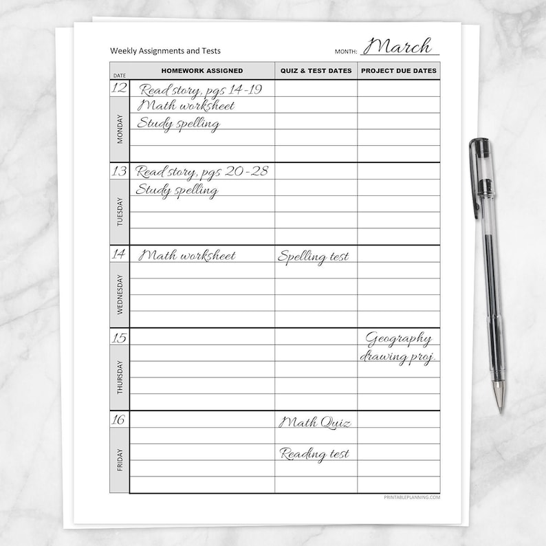 Printable Weekly School Assignments Sheet - Homework Assigned, Test and ...
