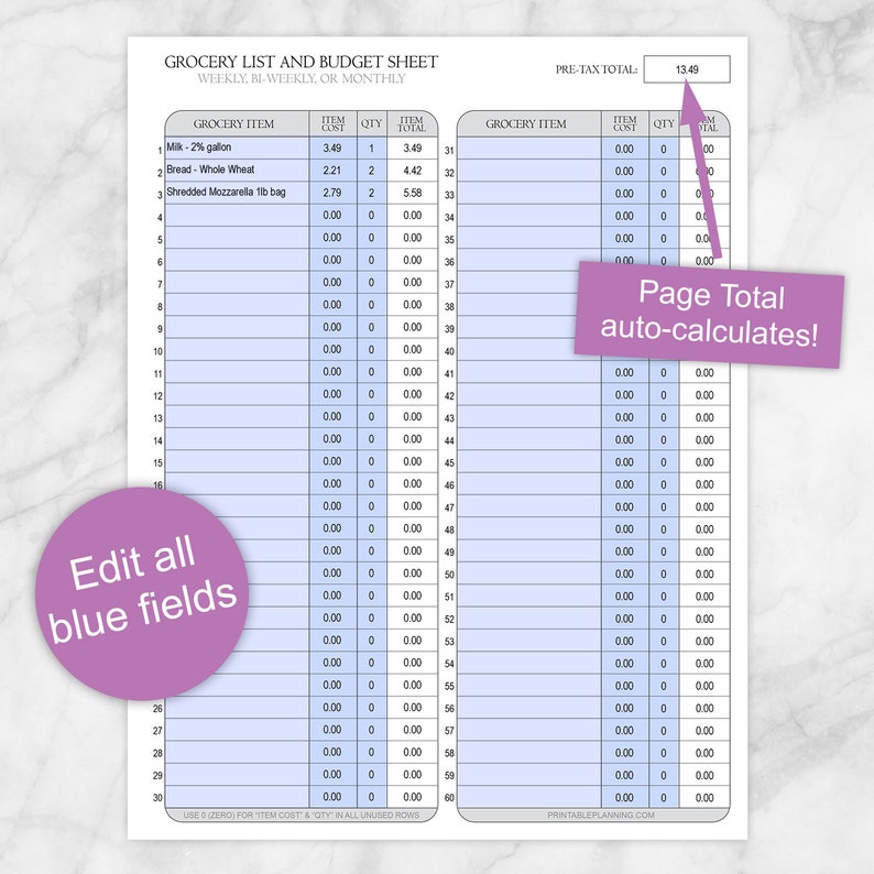 Printable Grocery List and Budget, Auto-calculating Total, 1 Page, 60 ...