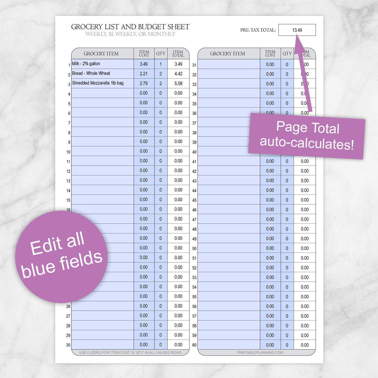 Printable Grocery List and Budget, Auto-calculating Total, 1 Page, 60 ...